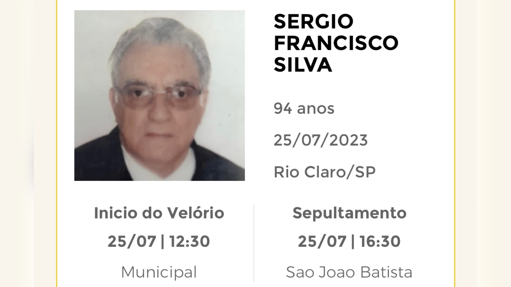 Falecimentos e Sepultamentos – 04/07/2023 – 05/07/2023 - Grupo Rio Claro SP